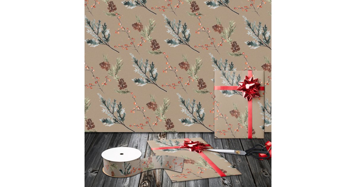 Rustic Kraft Winter Spruce Cones & Berries Matte Wrapping Paper | Zazzle