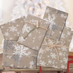 Rustic Kraft Winter White & Silver Snowflakes Wrapping Paper Sheets ...