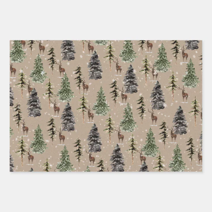Rustic Kraft Winter Woodland Snowy Spruce & Stags Wrapping Paper Sheets ...