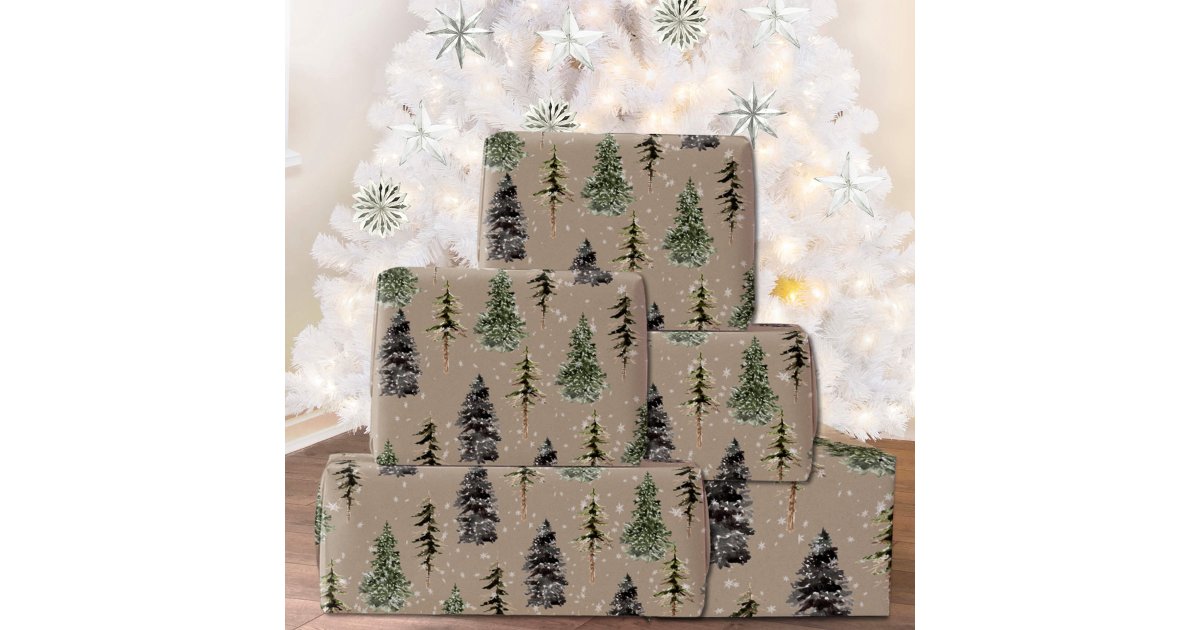 Rustic Kraft Winter Woodland Snowy Spruce Trees Wrapping Paper | Zazzle