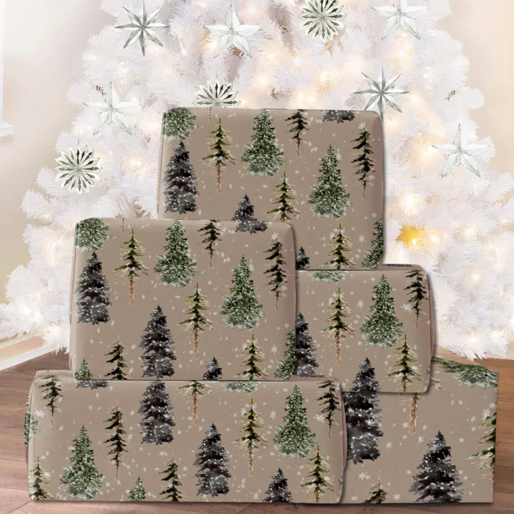 Rustic Kraft Winter Woodland Snowy Spruce Trees Wrapping Paper | Zazzle