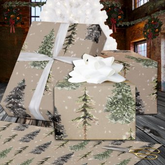 Rustic Kraft Winter Woodland Snowy Spruce Trees Wrapping Paper | Zazzle