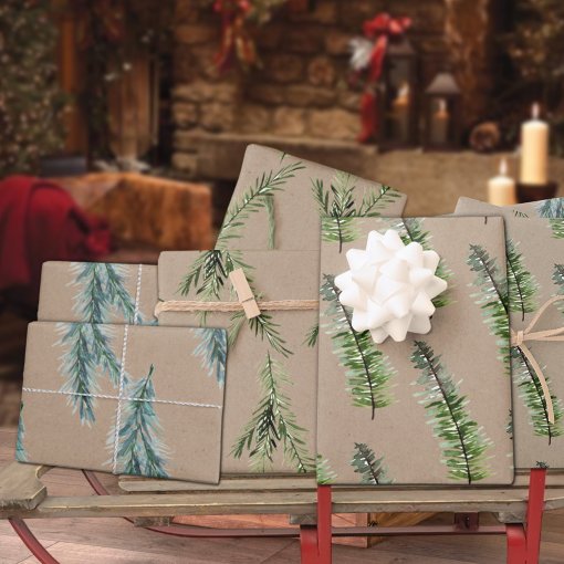 Rustic Kraft Winter Woodland Spruce Tree Branch Wrapping Paper Sheets ...