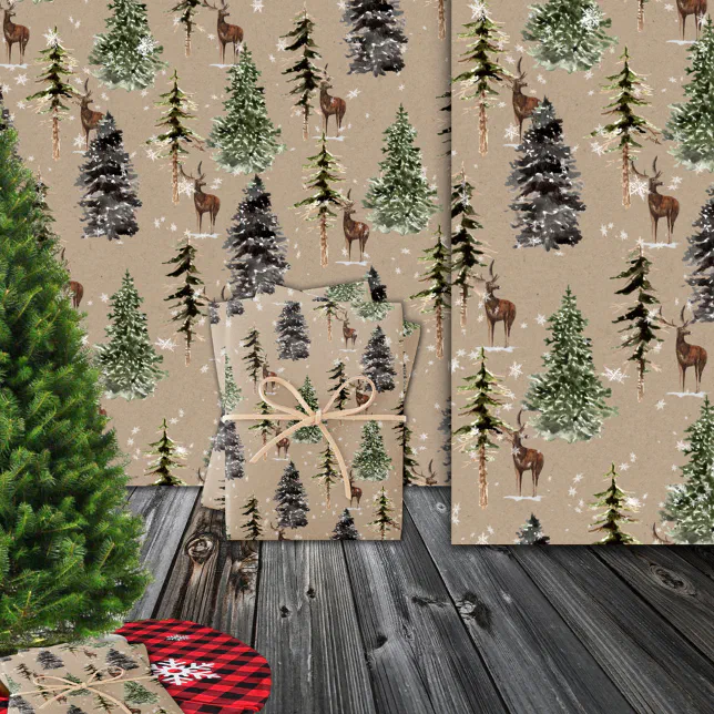Rustic Kraft Winter Woodland Spruce Trees & Deer Wrapping Paper | Zazzle