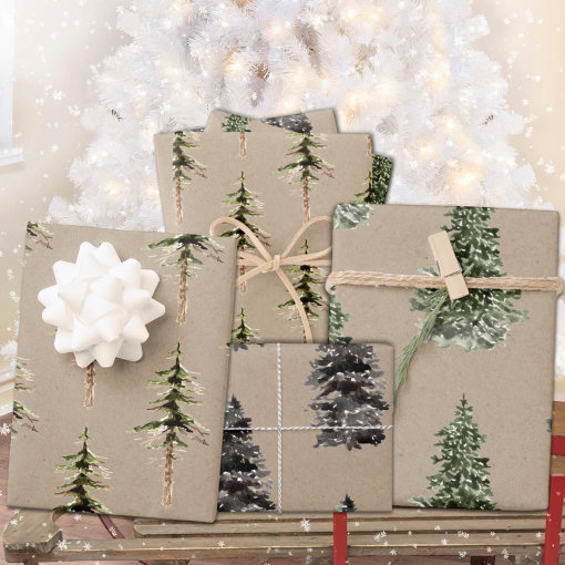 Rustic Kraft Woodland Forest Pine Spruce Trees Wrapping Paper Sheets ...