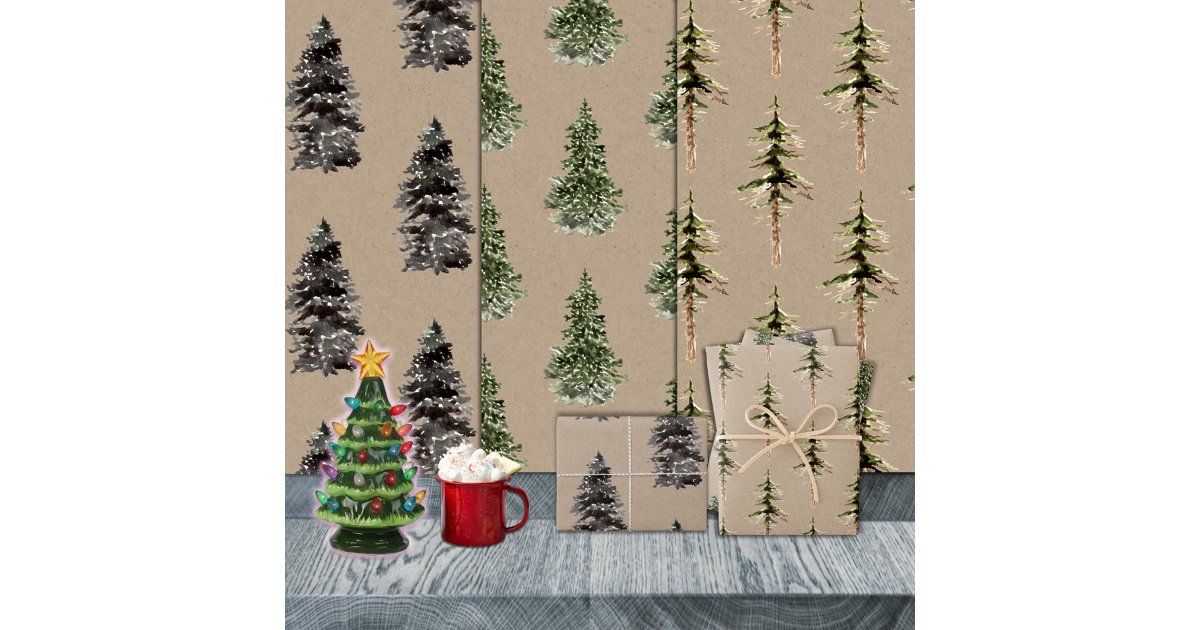Rustic Kraft Woodland Forest Pine Spruce Trees Wrapping Paper Sheets ...