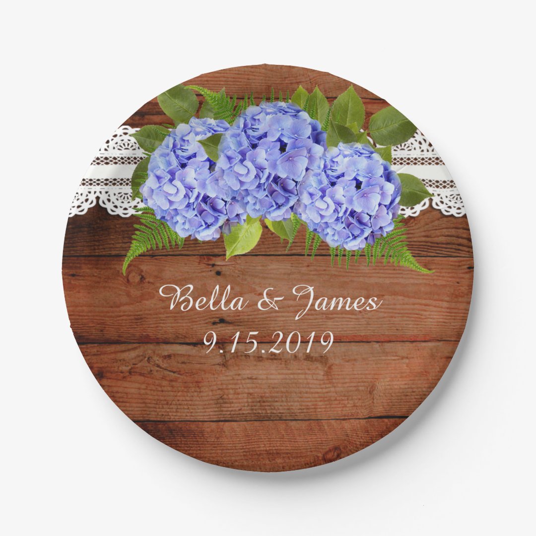 Rustic Lace Blue Hydrangea Wedding Paper Plate | Zazzle