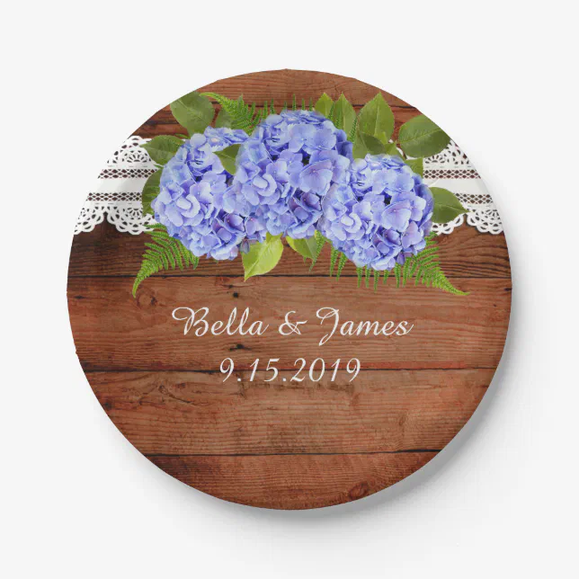 Rustic Lace Blue Hydrangea Wedding Paper Plate | Zazzle