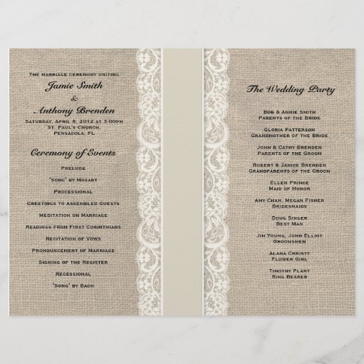 Rustic Lace & Burlap Ivory Ribbon Wedding Program | Zazzle
