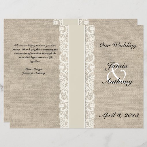 Rustic Lace & Burlap Ivory Ribbon Wedding Program | Zazzle