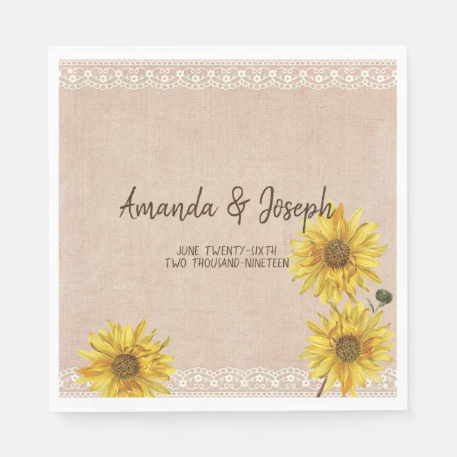 Rustic Lace & Burlap Sunflowers Wedding Napkins | Zazzle