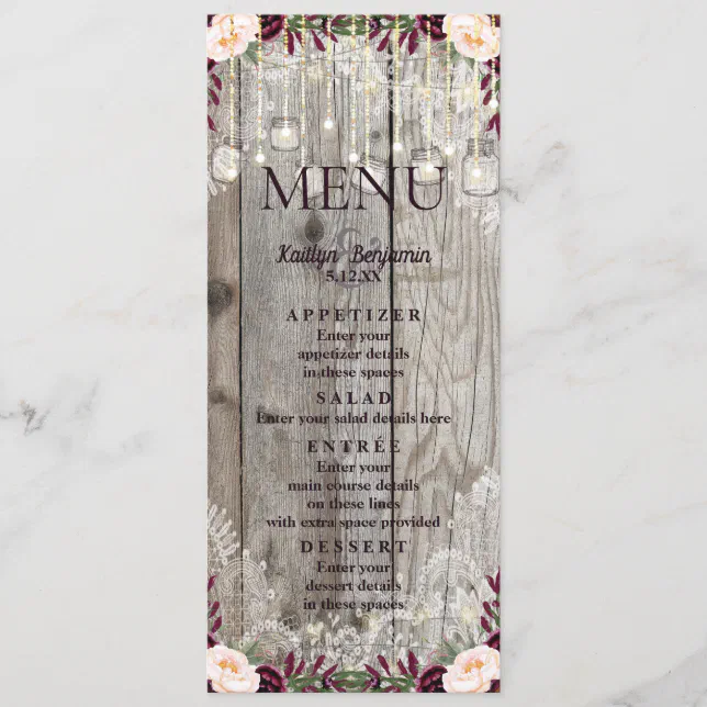 Rustic Lace Jar Wood & String Lights Wedding Menu | Zazzle