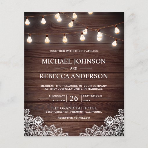 Rustic Lace Lights Photo Budget Wedding Invitation | Zazzle