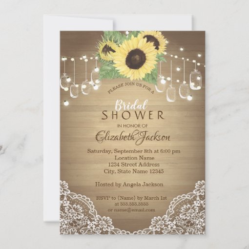 Rustic Lace, Mason Jar, String Lights, Sunflower Invitation | Zazzle