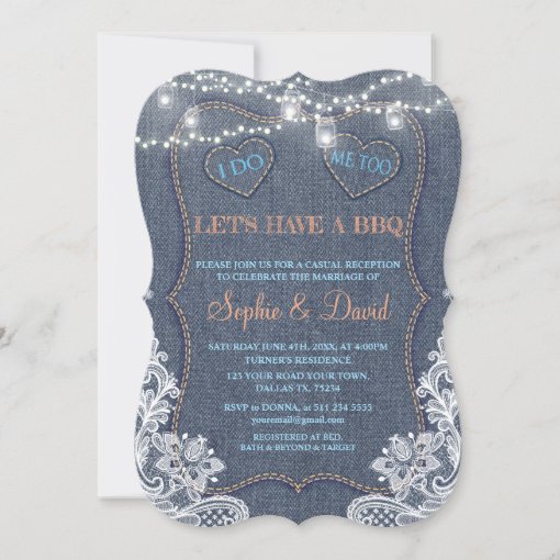 Rustic Lace Old Denim Blue String Lights I DO BBQ Invitation | Zazzle