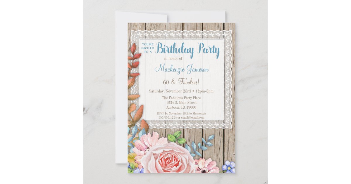 Rustic Lace Pink Rose Bouquet Birthday Invitation | Zazzle