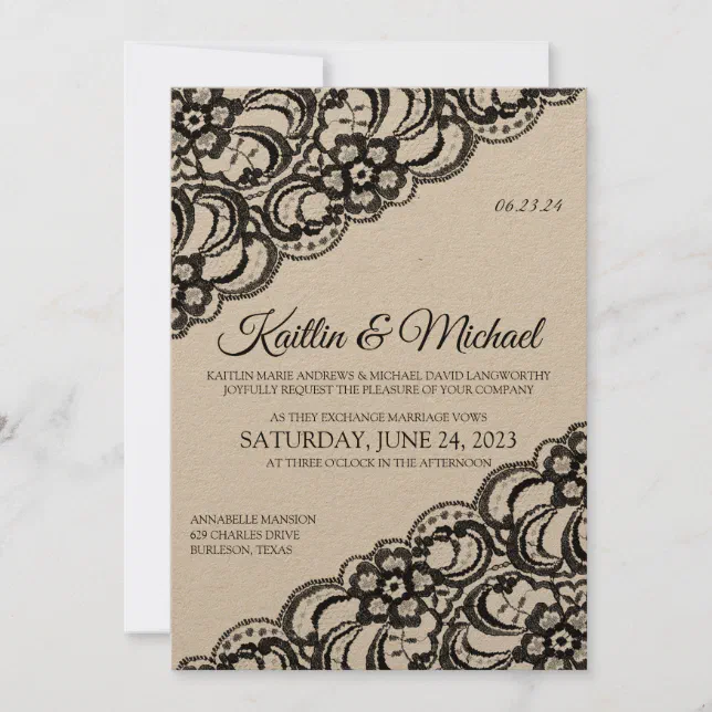Rustic Lace Wedding Invitation | Black on Kraft | Zazzle