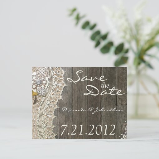 Rustic Lace Wood Save the Date Postcards | Zazzle