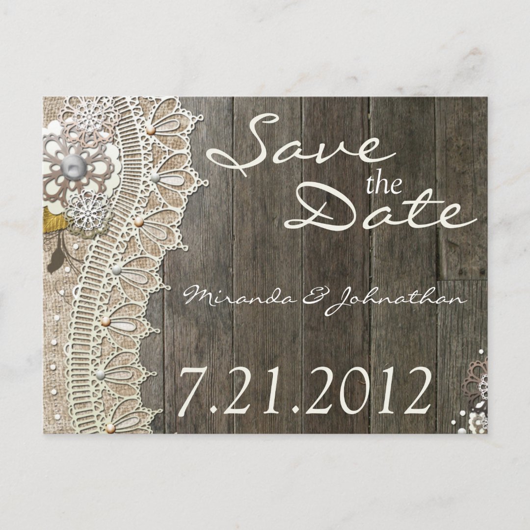 Rustic Lace Wood Save the Date Postcards | Zazzle