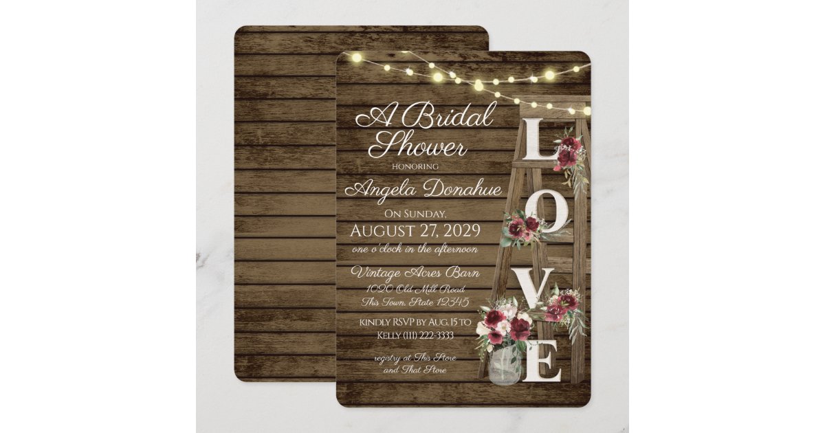 Rustic Ladder Burgundy Bridal Shower Invitation | Zazzle