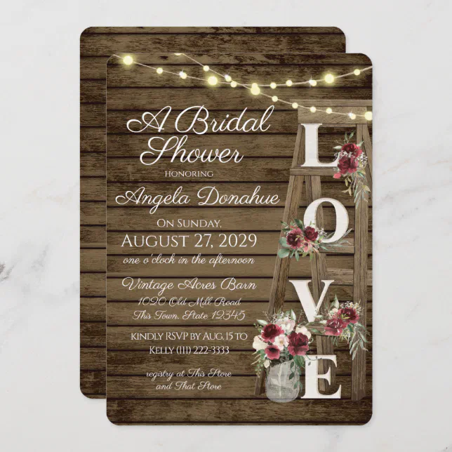 Rustic Ladder Burgundy Bridal Shower Invitation | Zazzle