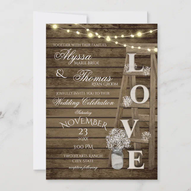 Rustic Ladder Love Wedding with details on back Invitation | Zazzle