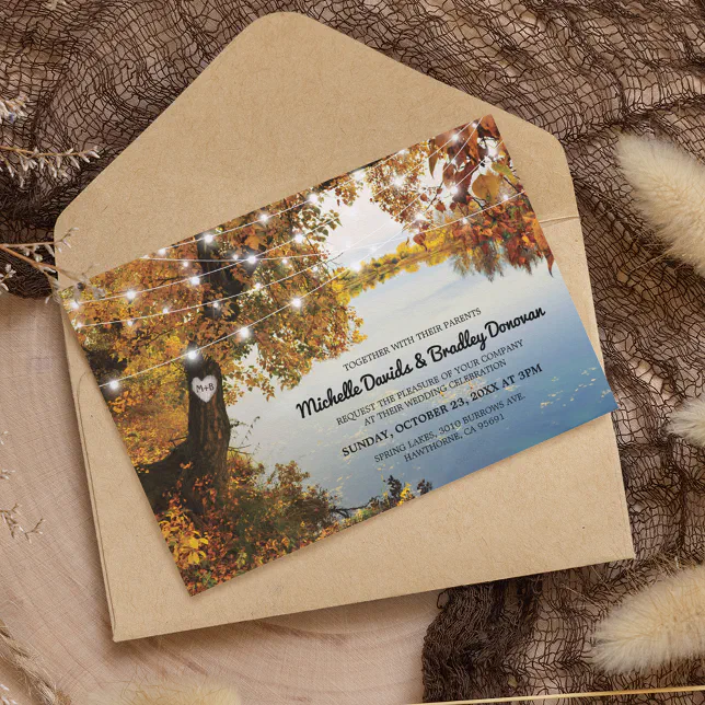Rustic Lake Fall Tree Wedding Invitation | Zazzle