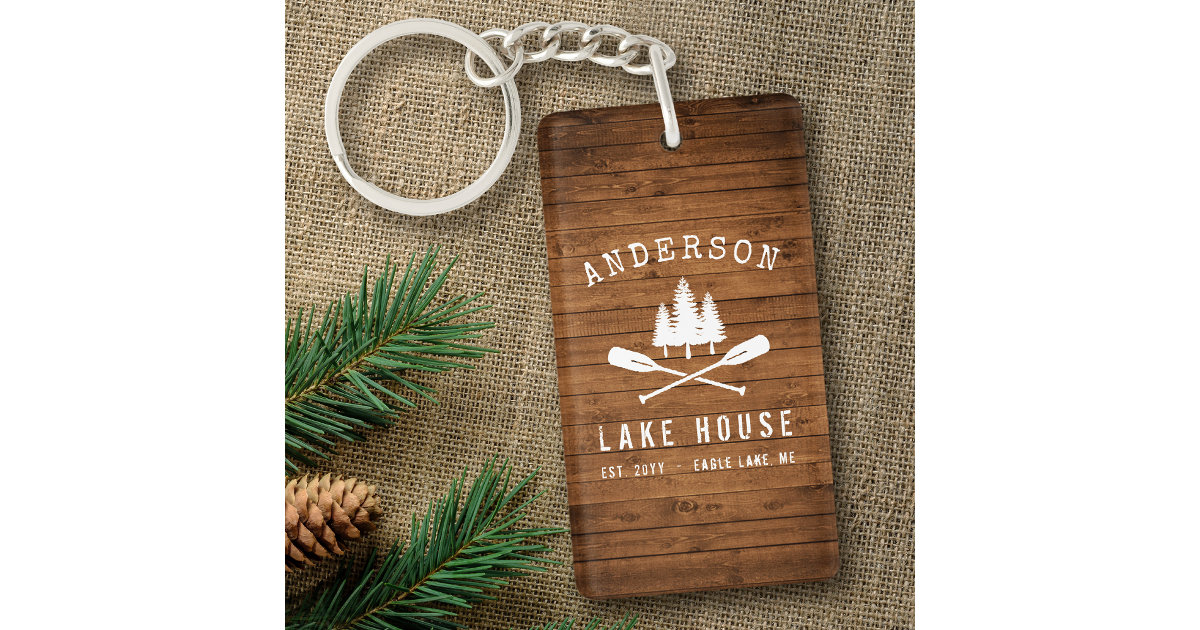 Rustic Lake House Boat Oars Trees Wood 2 Sided Keychain | Zazzle