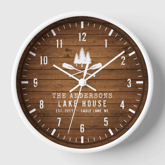 Rustic Lake House Boat Oars Trees Wood Print Clock | Zazzle
