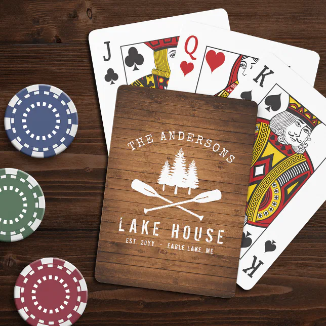 Rustic Lake House Boat Oars Trees Wood Print Poker Cards | Zazzle