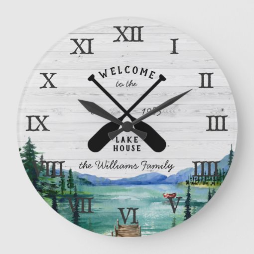 Rustic Lake House Themed | Family Name Large Clock | Zazzle