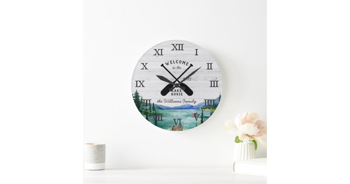 Rustic Lake House Themed | Family Name Large Clock | Zazzle