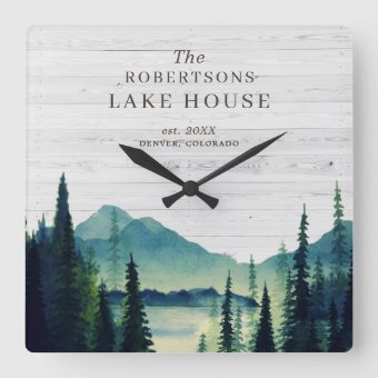 Rustic Lake House Themed | Family Name Square Wall Clock | Zazzle