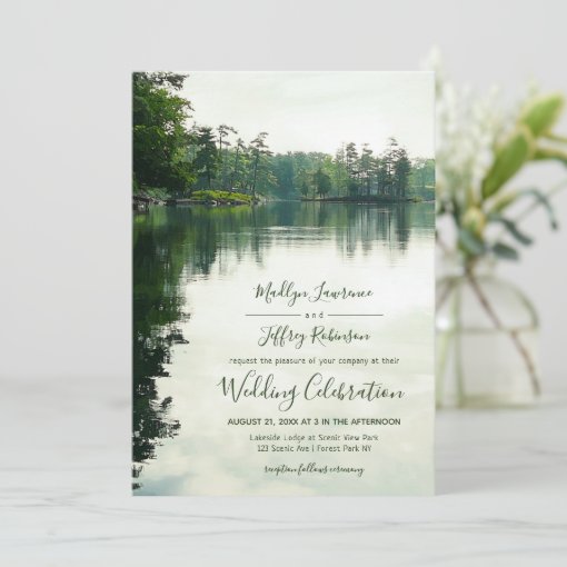 Rustic lakeside evergreens reflection wedding invitation | Zazzle