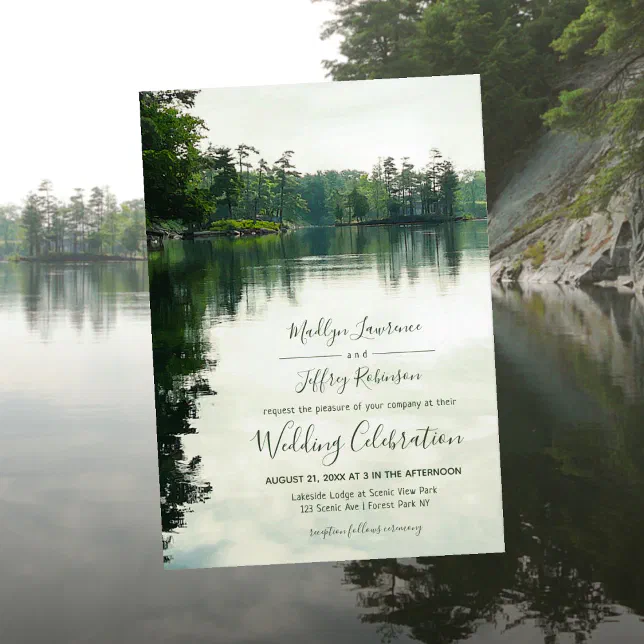 Rustic lakeside evergreens reflection wedding invitation | Zazzle