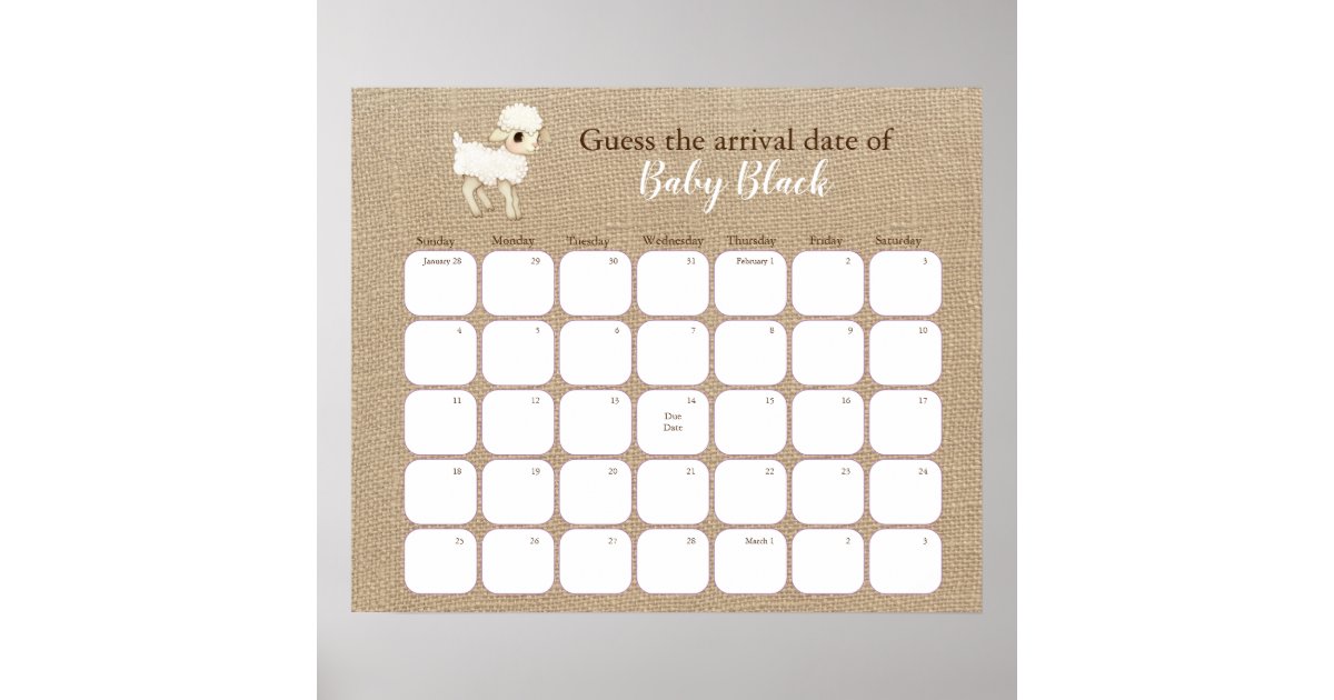 Rustic Lamb Baby Shower Due Date Calendar Poster | Zazzle