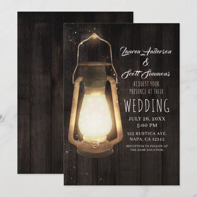 Rustic Lantern Lights Brown Barn Wood Wedding Invitation | Zazzle