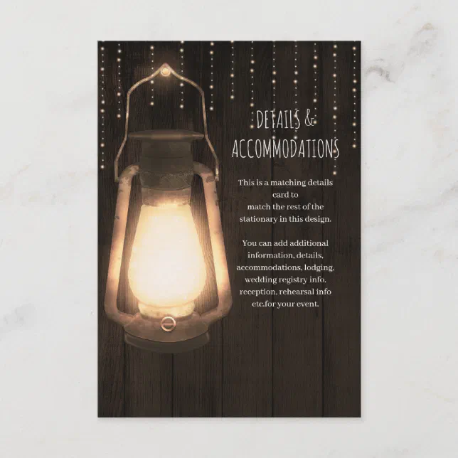 Rustic Lantern & Lights Brown Wood Wedding Details Enclosure Card | Zazzle
