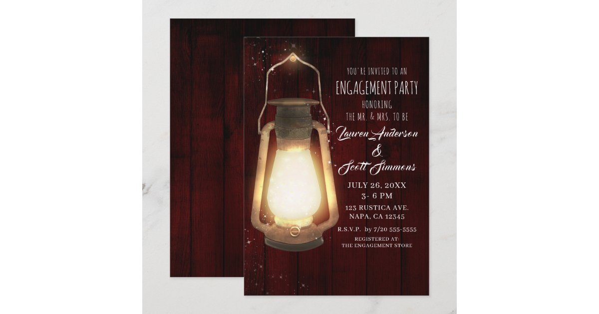 Rustic Lantern Lights Cherry Wood Engagement Party Invitation | Zazzle