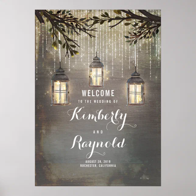 Rustic Lantern Lights Wedding Welcome Sign | Zazzle