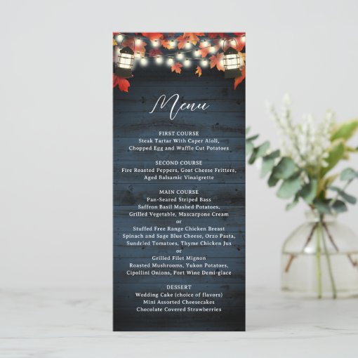 Rustic Lantern Navy Barn Wood Fall Wedding Menu | Zazzle