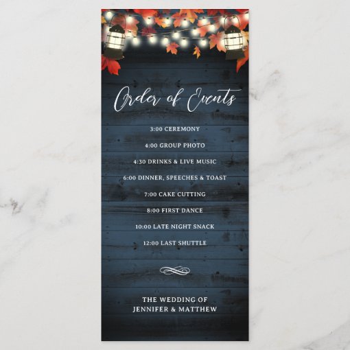 Rustic Lantern Navy Barn Wood Fall Wedding Menu | Zazzle