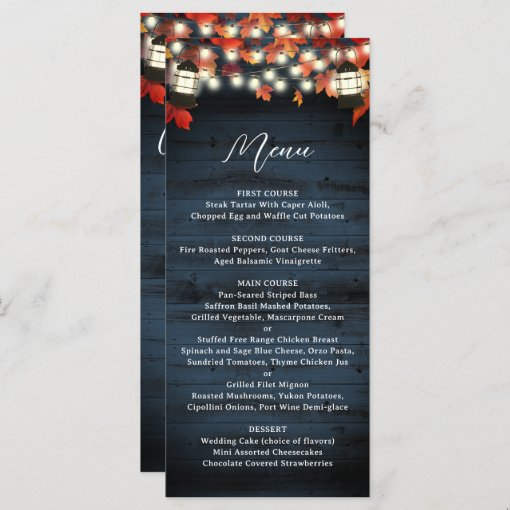 Rustic Lantern Navy Barn Wood Fall Wedding Menu | Zazzle