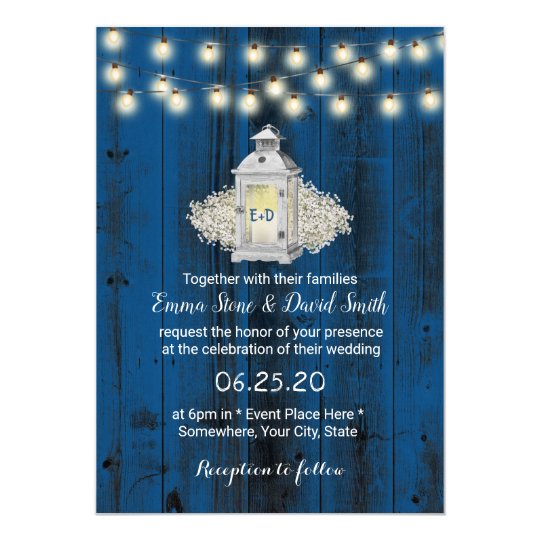 Rustic Lantern & String Lights Blue Barn Wedding Invitation | Zazzle.com