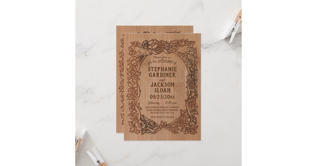 Rustic Laser Engraved Look Bird Floral Wedding Invitation | Zazzle