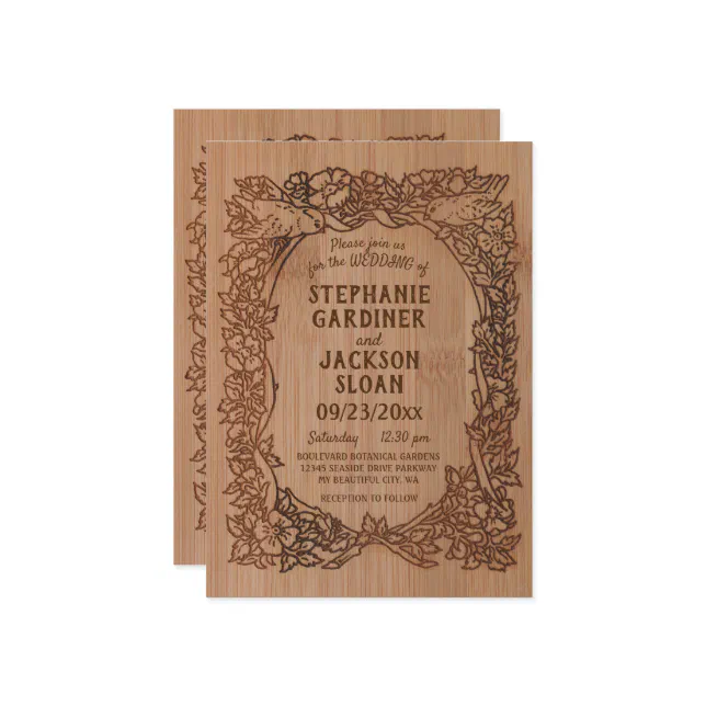 Rustic Laser Engraved Look Bird Floral Wedding Invitation | Zazzle