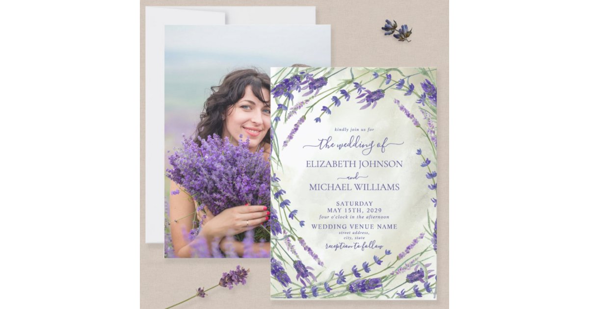 Rustic Lavender Botanical Watercolor Photo Wedding Invitation | Zazzle
