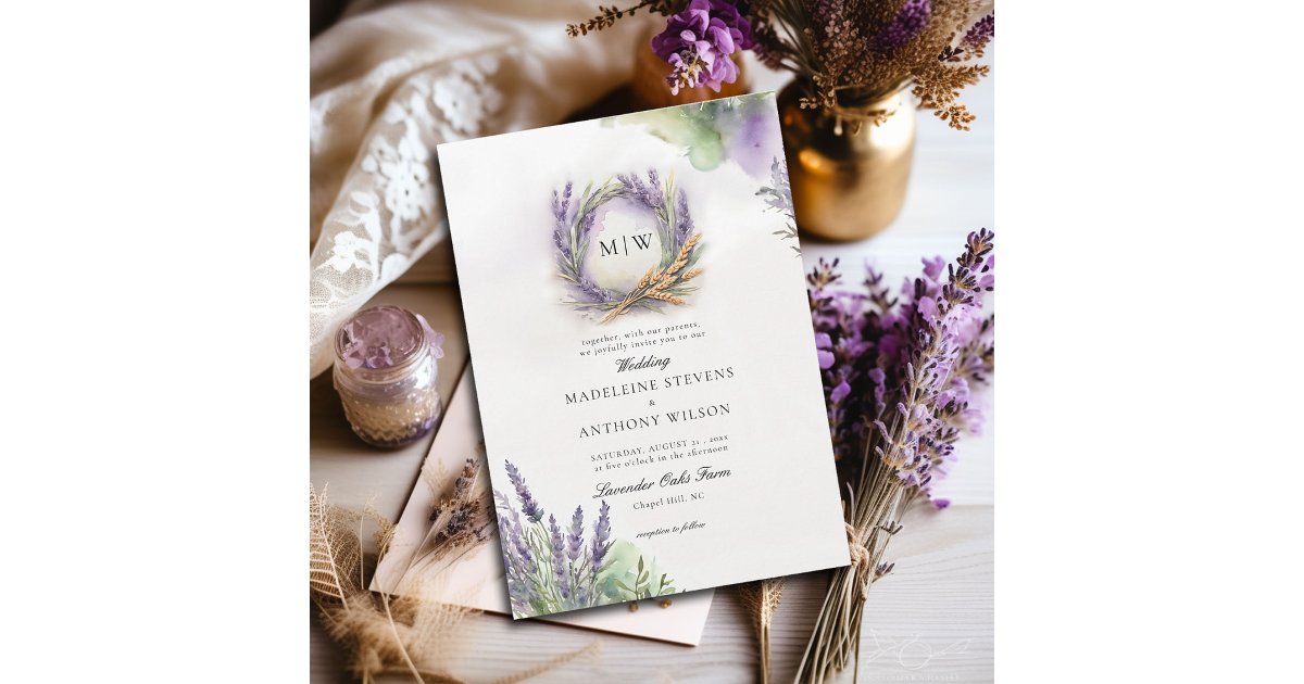 Rustic Lavender Elegant Wreath Monograms Wedding Invitation | Zazzle