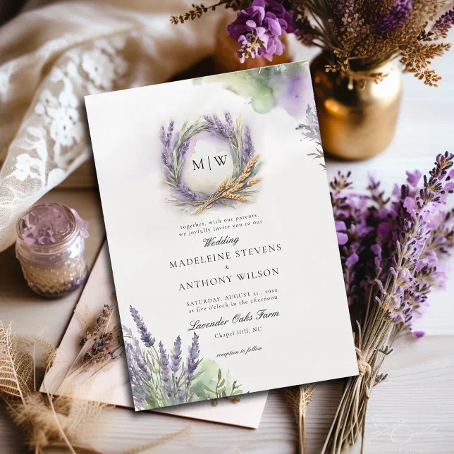 Rustic Lavender Elegant Wreath Monograms Wedding Invitation | Zazzle
