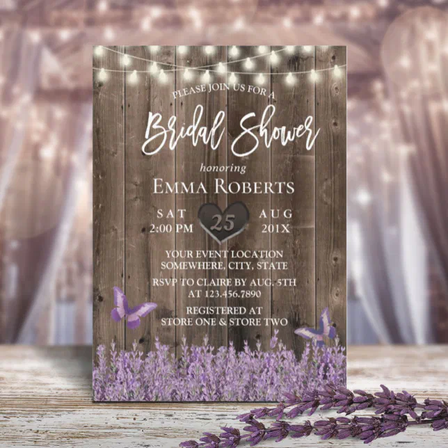 Rustic Lavender Floral Dark Wood Bridal Shower Invitation | Zazzle